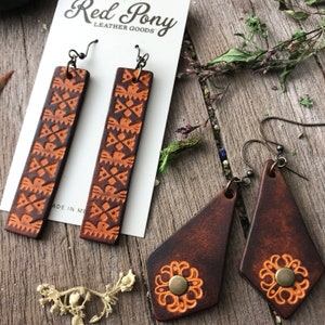 Hand Tooled Studded Leather Earrings, Geometric Design in Chocolate ...
