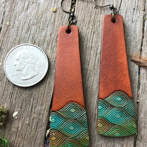 Hand Tooled Geometric Leather Bar Earrings, Caramel Brown, Turquoise ...