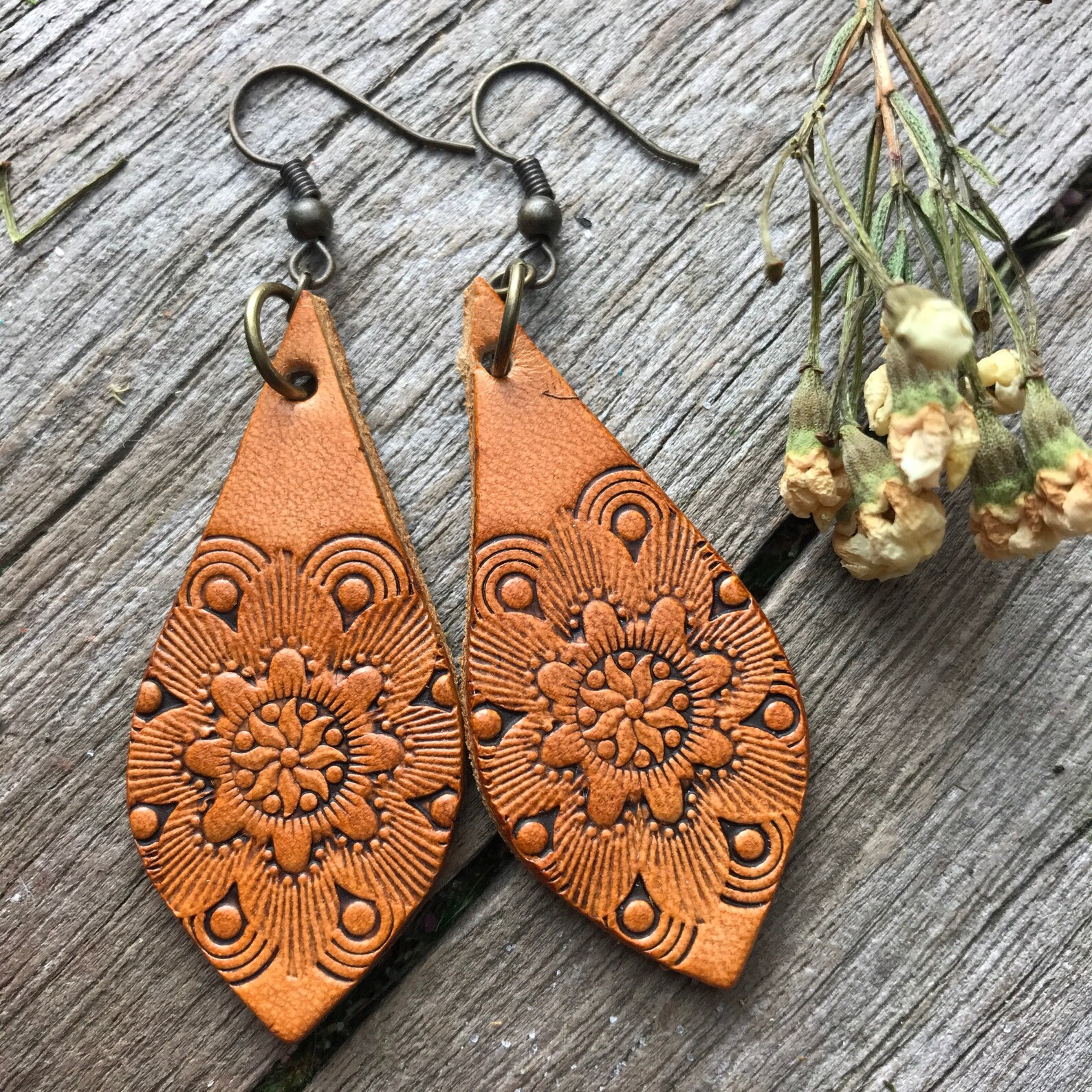Hand Tooled Fancy Teardrop Caramel Sunburst Leather Earrings - Etsy