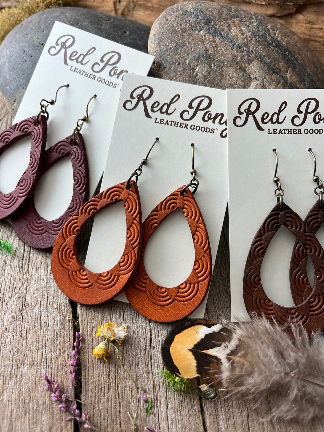 Hand Tooled Leather Earrings With Geometric Design in Burgundy, Rust or ...