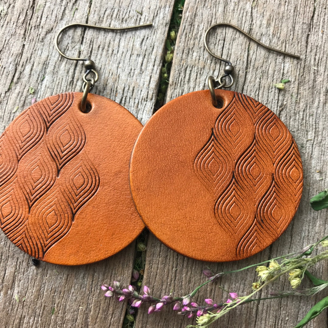 Tooled Leather Earrings, Abstract Design in Caramel Brown - Etsy