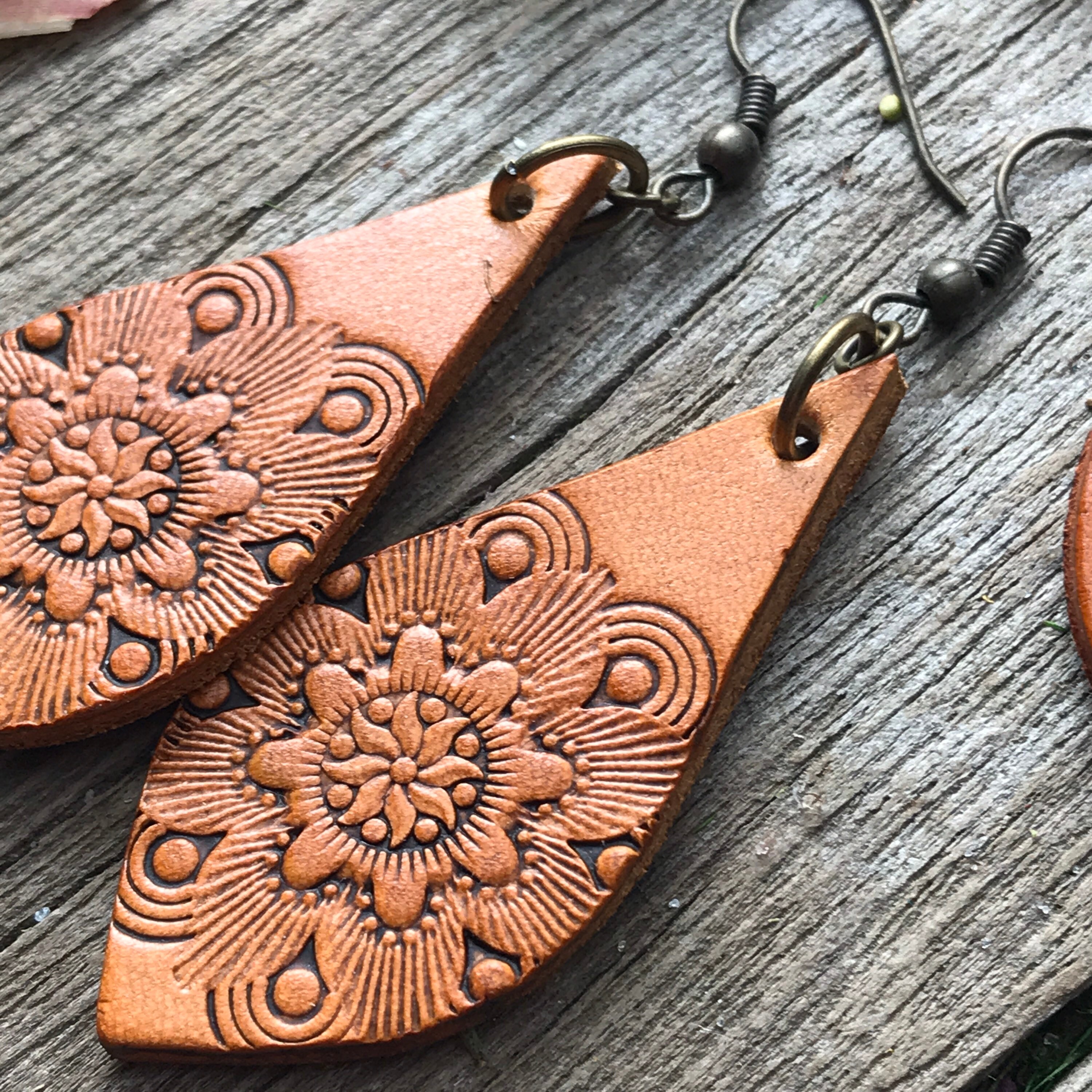 Hand Tooled Fancy Teardrop Caramel Sunburst Leather Earrings - Etsy