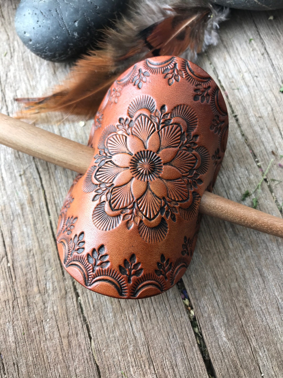Hand Tooled Leather Hair Slide Round Barrette, Whiskey Brown Mandala ...