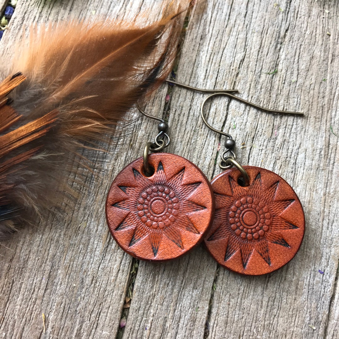 Hand Tooled Aztec Sun, Whiskey Brown, Petite Circle Leather Earrings - Etsy