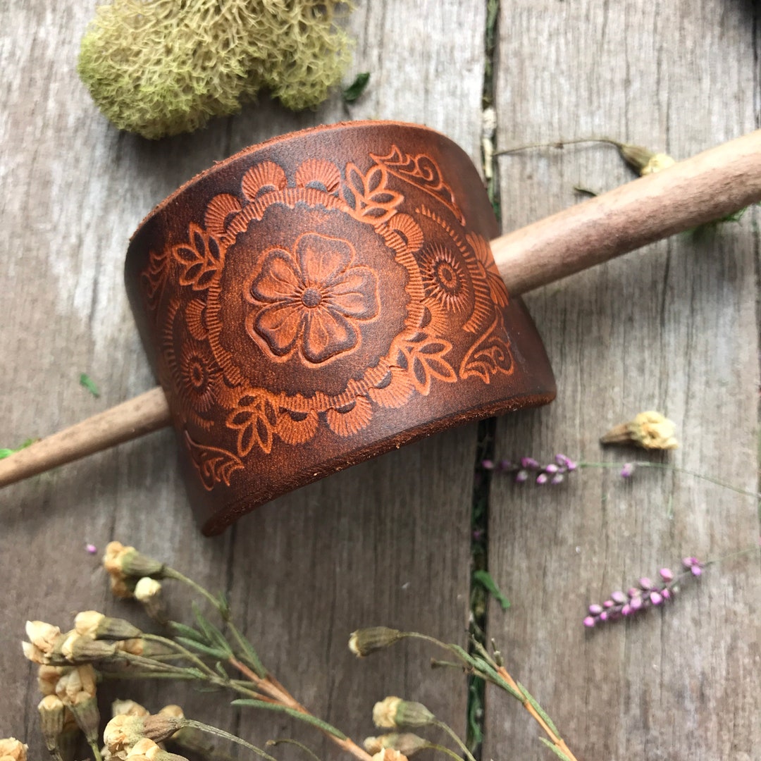 Hand Tooled Leather Hair Slide Barrette, Caramel and Chocolate Brown ...