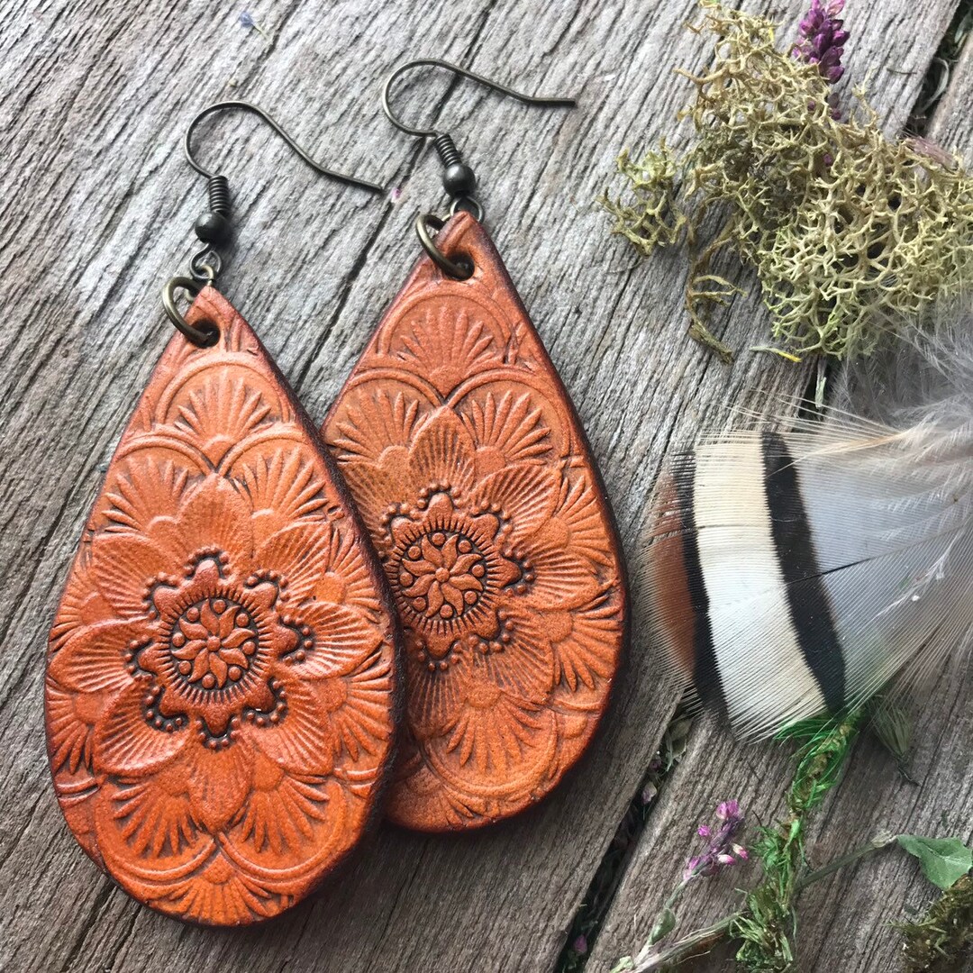 Hand Tooled Mandala Leather Teardrop Earrings - Etsy
