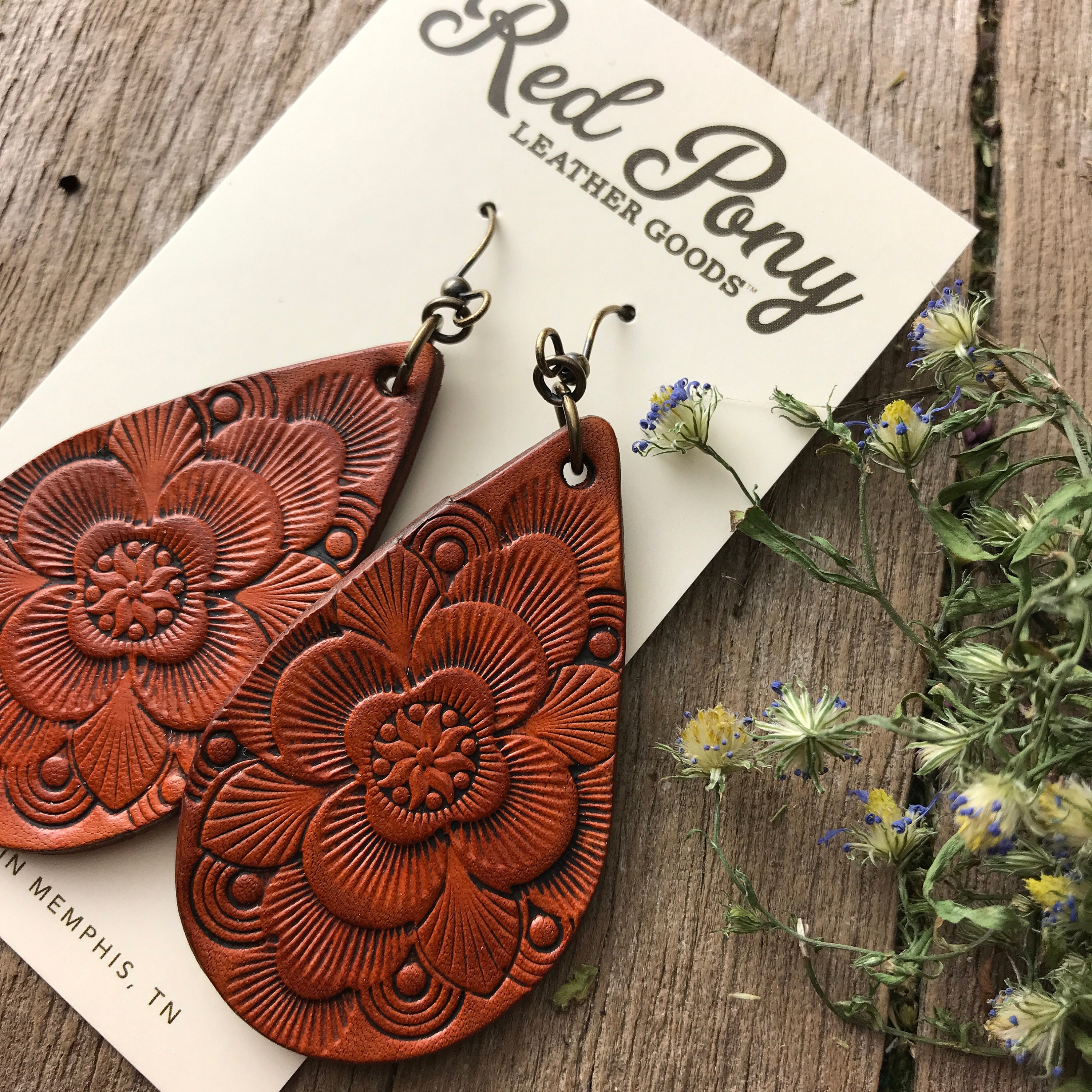 Hand Tooled Mandala Leather Teardrop Earrings in Caramel Brown, Western ...