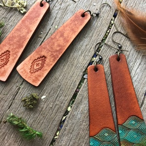 Hand Tooled Geometric Leather Bar Earrings, Caramel Brown, Turquoise ...