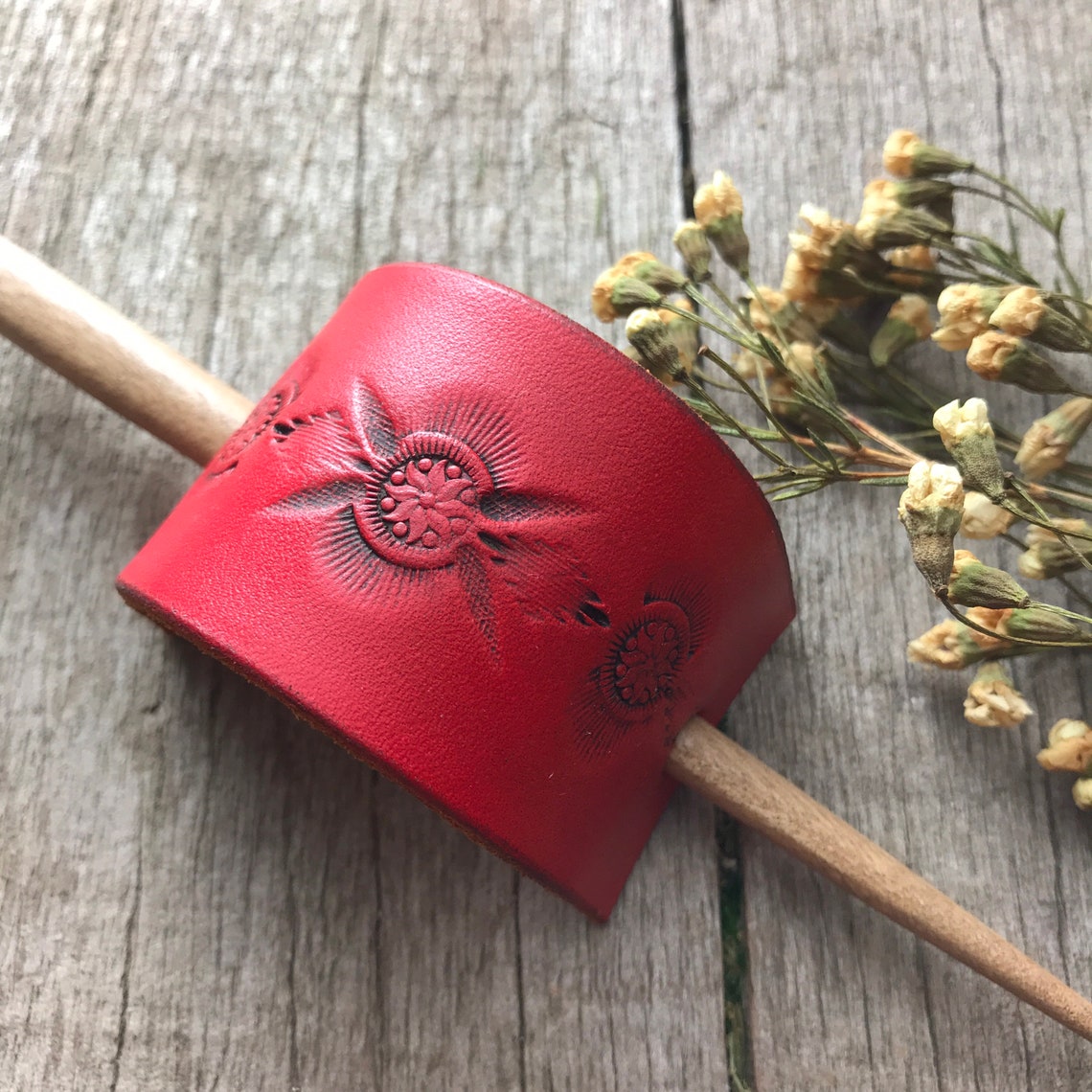 Hand Tooled Leather Hair Slide Barrette Bright Red Antiqued - Etsy