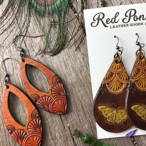 Boho Style Earrings, Hand Tooled Leather in Warm Brown Antiqued Finish ...