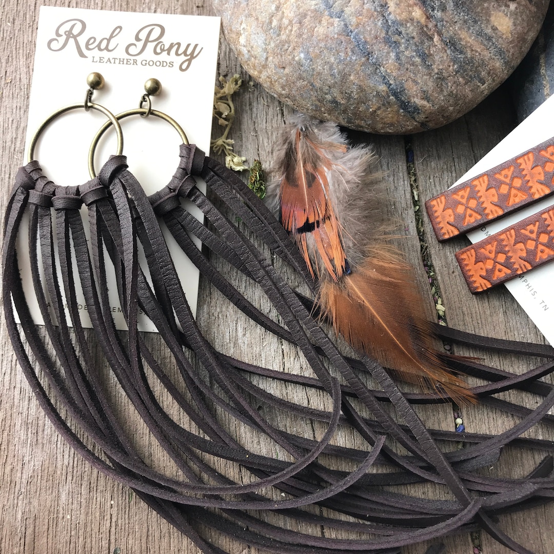 Extra Long Leather Chocolate Brown Buckskin Fringe Earrings With Smooth ...