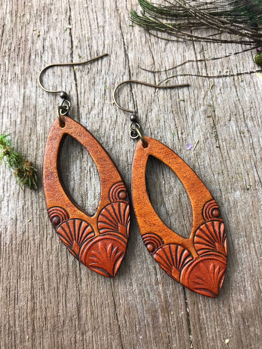 Boho Style Earrings, Hand Tooled Leather in Warm Brown Antiqued Finish ...