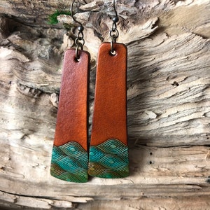Hand Tooled Geometric Leather Bar Earrings, Caramel Brown, Turquoise ...