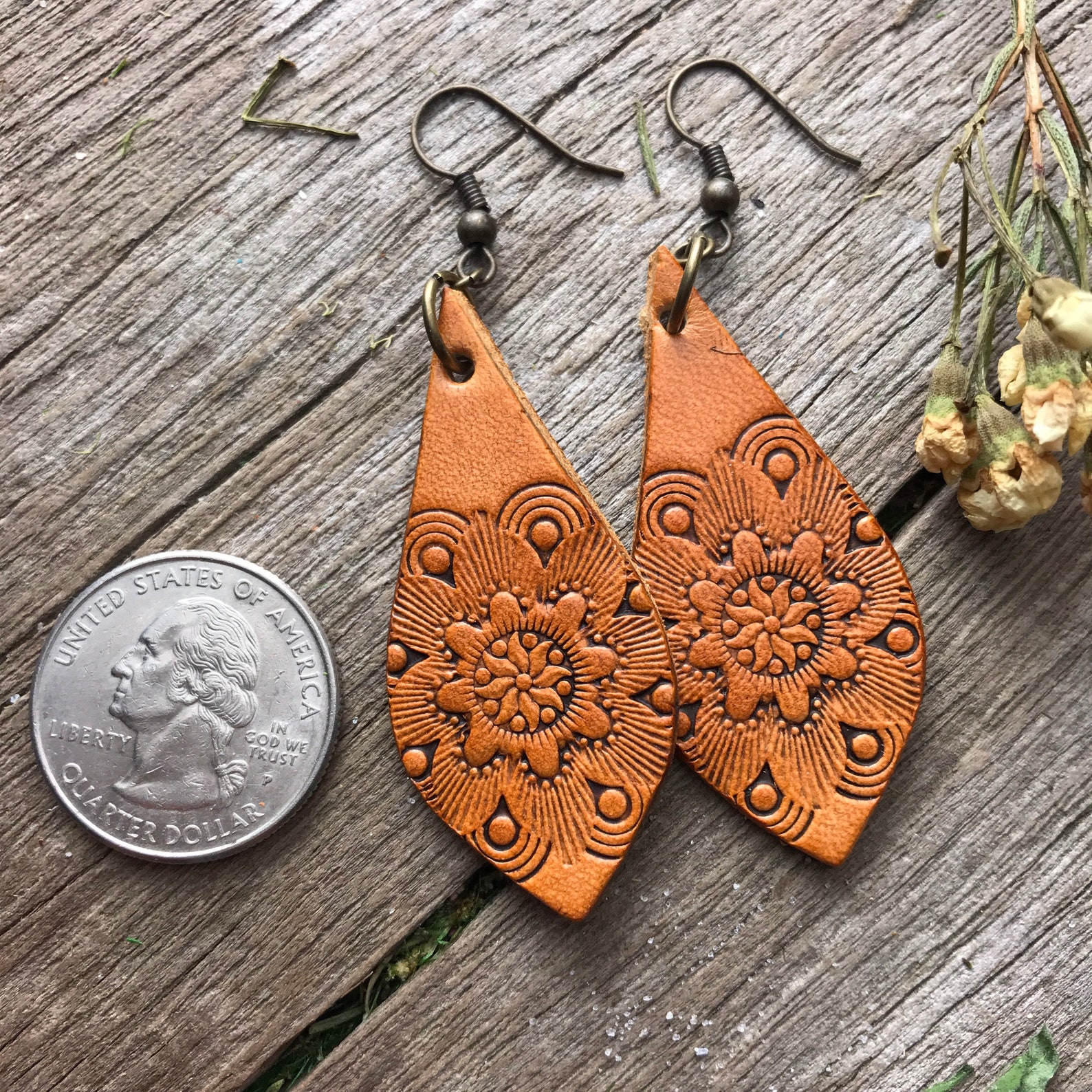 Hand Tooled Fancy Teardrop Caramel Sunburst Leather Earrings - Etsy