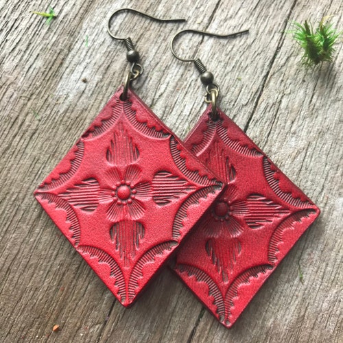 Hand Tooled Bright Red Western Style Floral Leather Earrings - Etsy