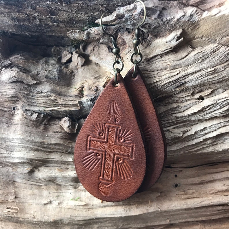 Hand Tooled Deep Brown Leather Teardrop Cross Earrings - Etsy