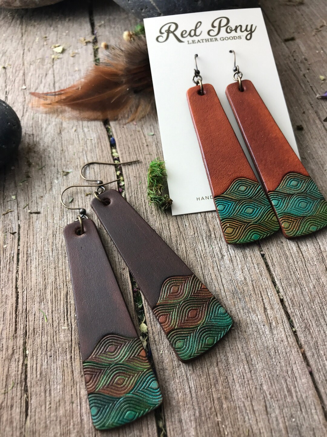 Hand Tooled Geometric Leather Bar Earrings, Chocolate Brown, Turquoise ...
