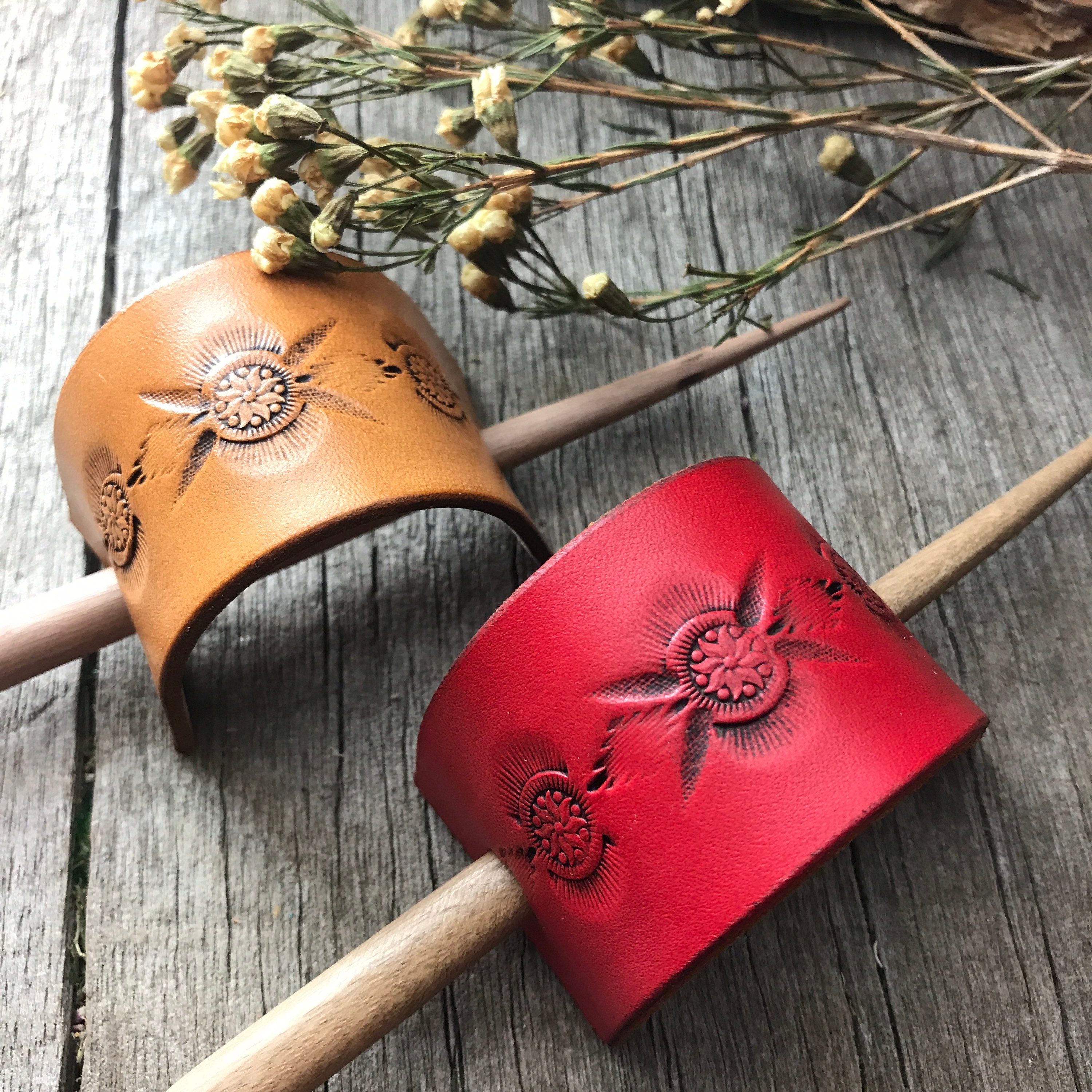 Hand Tooled Leather Hair Slide Barrette Bright Red Antiqued - Etsy