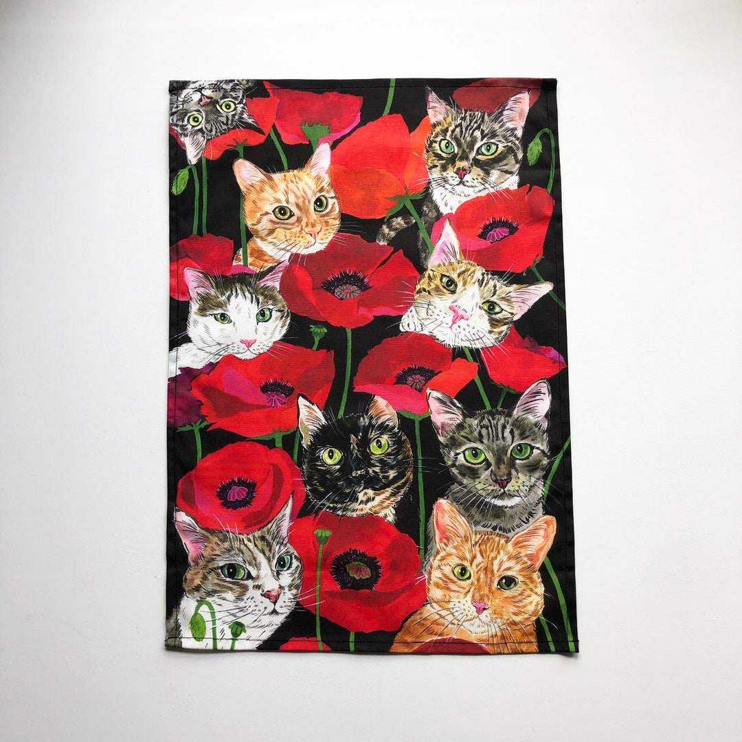 Cat Tea Towels poppy Poppy Flowers and Cats Tea Towel, Kitchen Towels ...