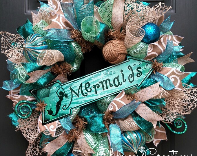 Mermaid Wreath, Beach Wreath, Deco Mesh Wreath, Summer Wreath, Beach ...