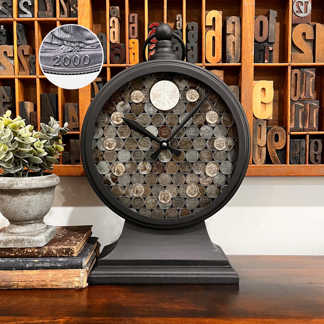 25th Anniversary Mantle Clock: 2000 Silver Eagle, 2000 Roosevelt Dimes ...