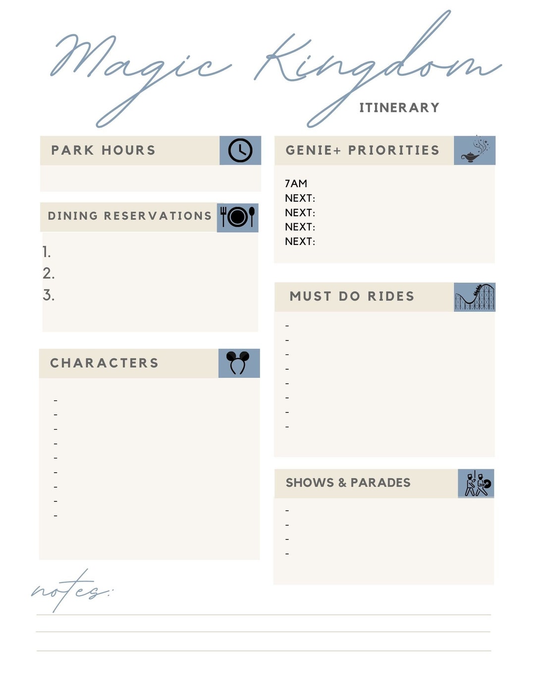 Magic Kingdom Fillable Itinerary - Etsy