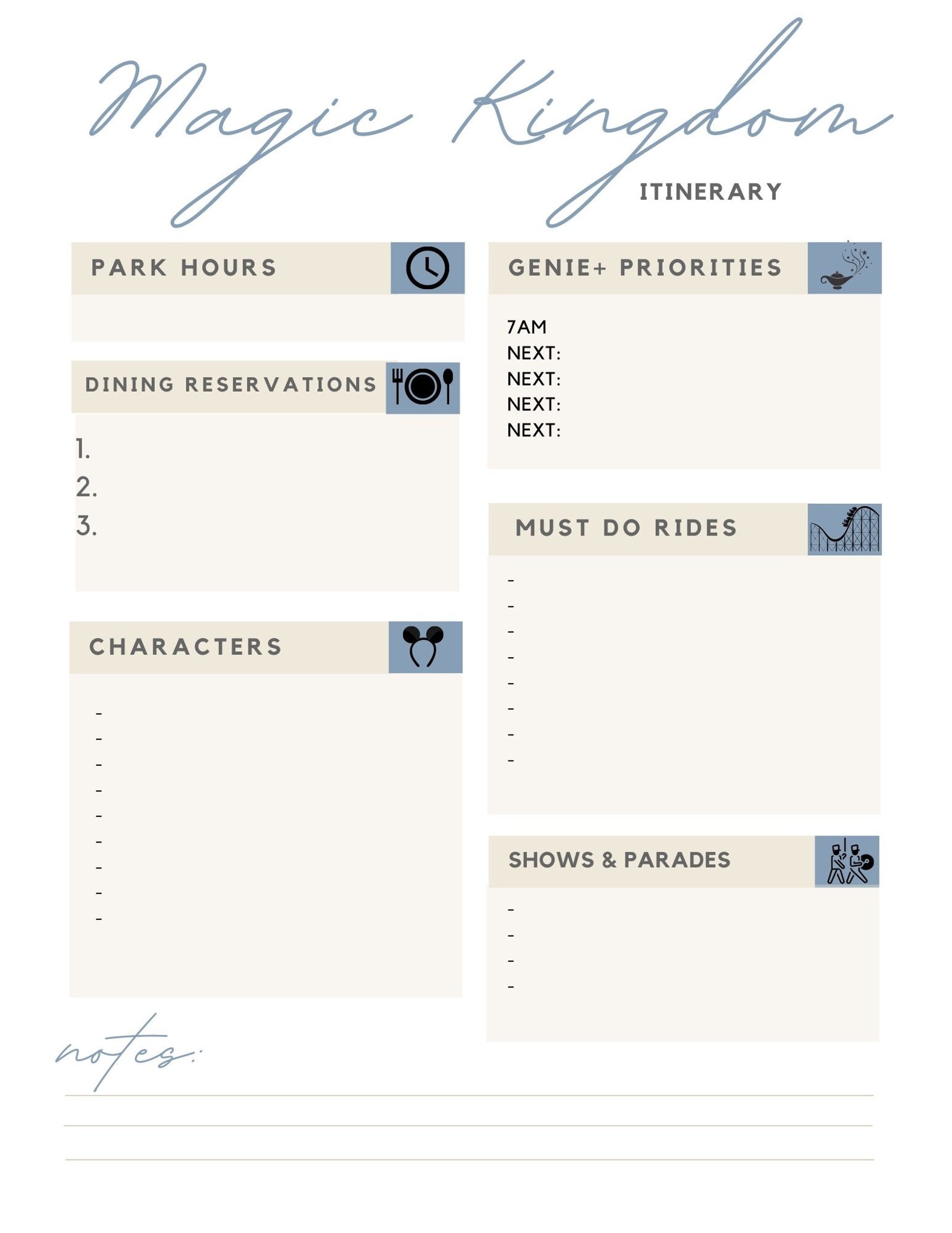 Magic Kingdom Fillable Itinerary - Etsy