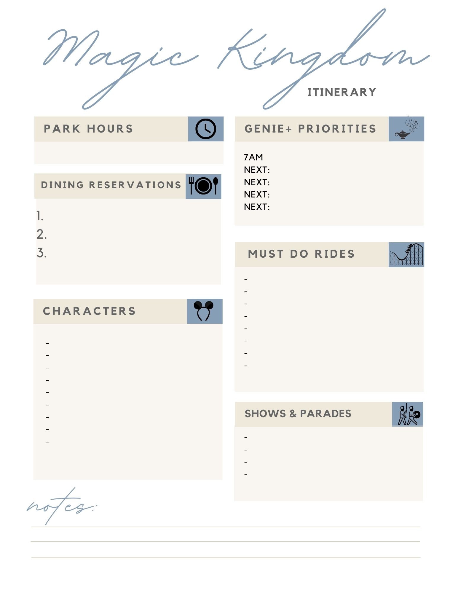 Magic Kingdom Fillable Itinerary - Etsy