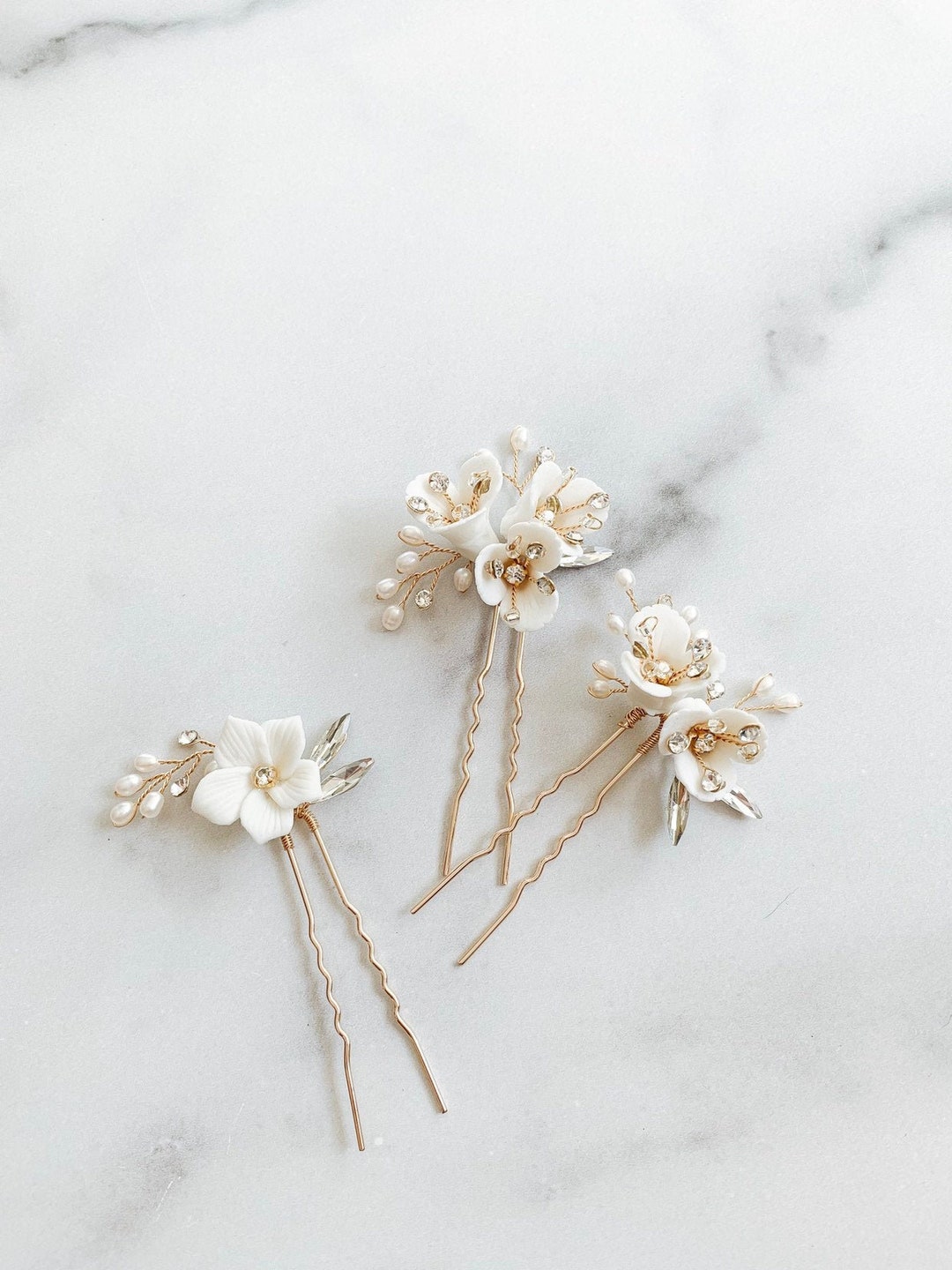 Bridal Flower Hair Pins Set of 3, Handmade Clay Floral Wedding Hair ...