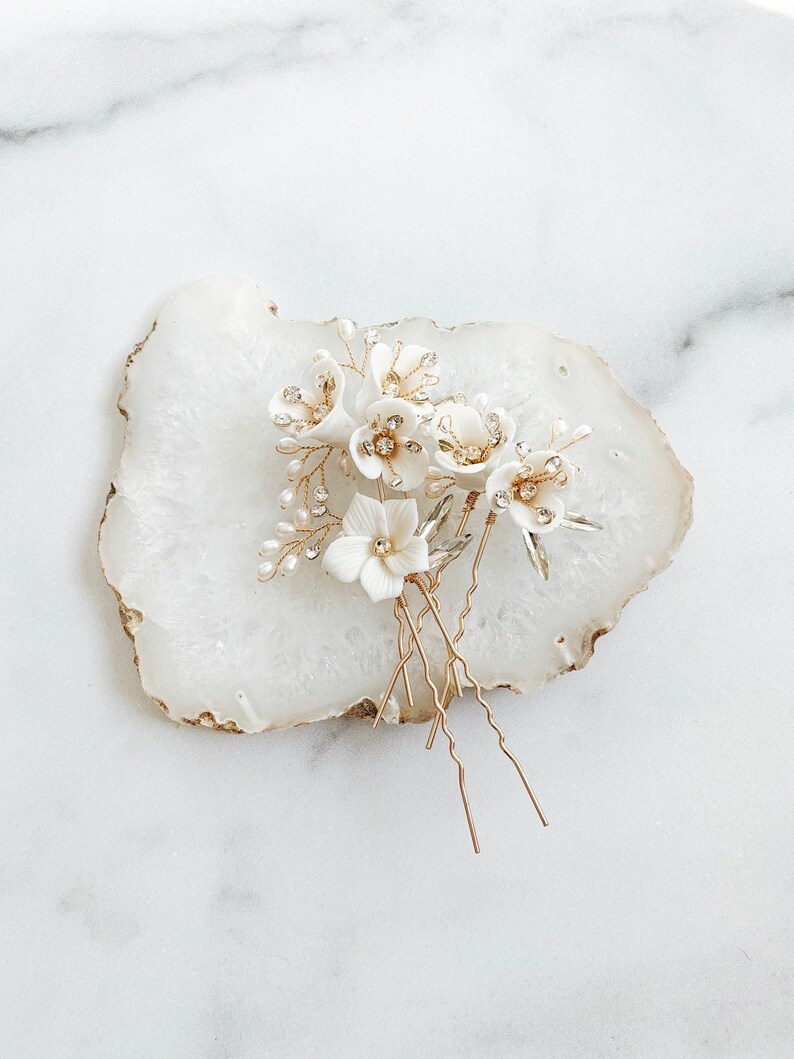 Bridal Flower Hair Pins Set of 3, Handmade Clay Floral Wedding Hair ...