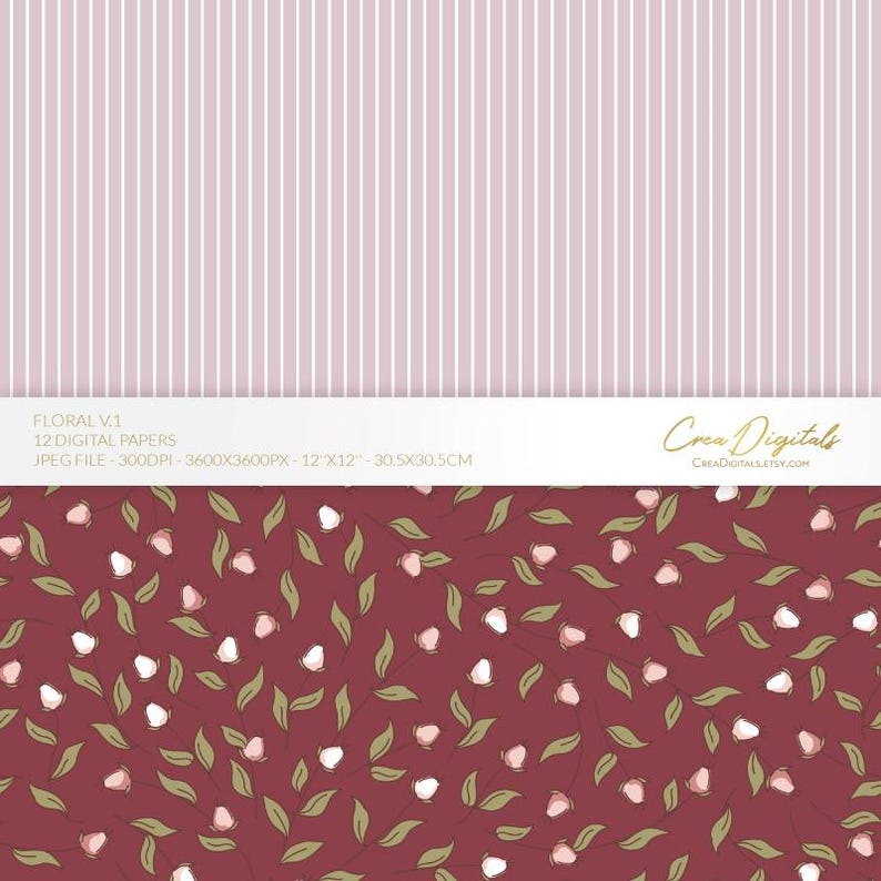 Floral Digital Paper, Burgundy and Pink Seamless Pattern, Ditsy Flowers ...