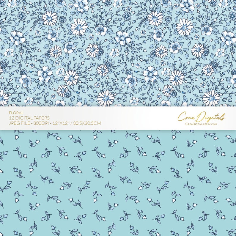 Floral Digital Paper, Blue, Aqua and Navy Seamless Pattern, Ditsy ...