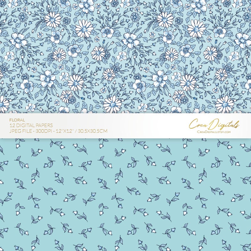 Floral Digital Paper Blue Aqua and Navy Seamless Pattern - Etsy