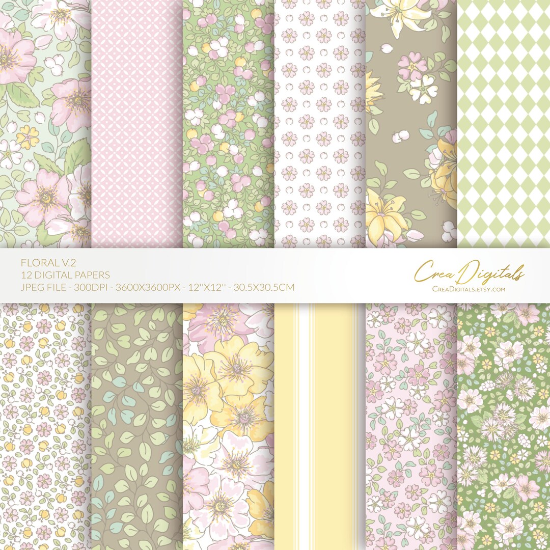 Floral Digital Paper, Green, Yellow and Pink Seamless Pattern, Ditsy ...