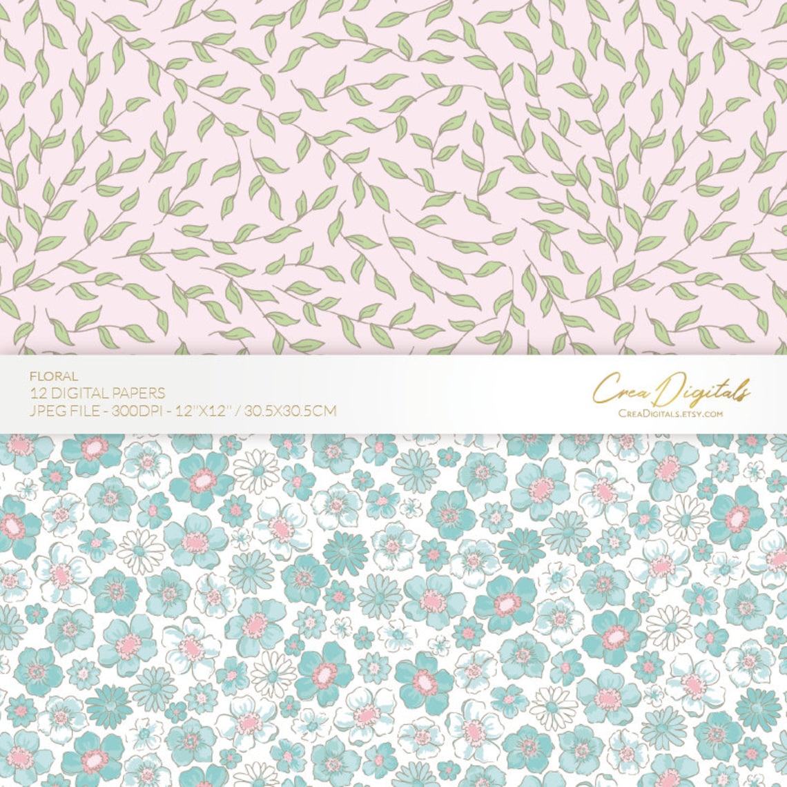 Floral Digital Paper, Turquoise, Pink and Green Seamless Pattern, Ditsy ...