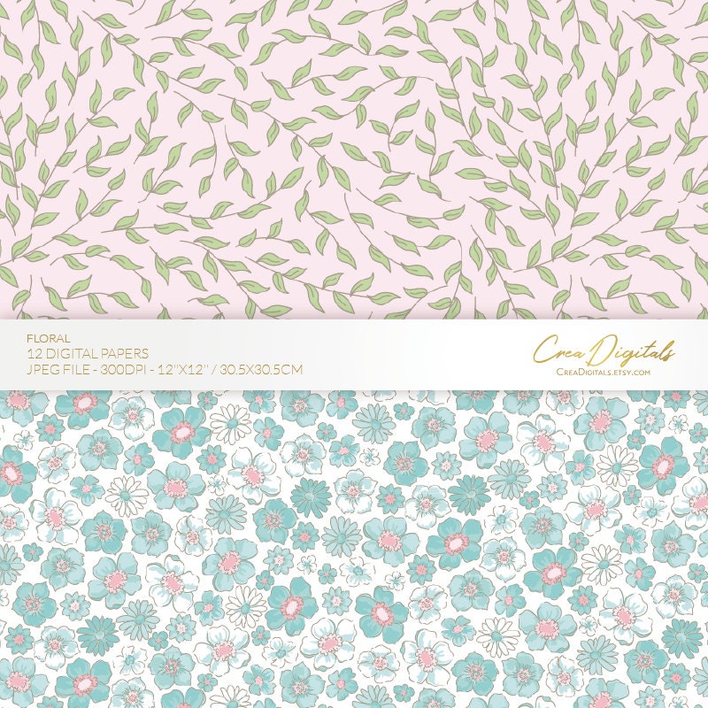 Floral Digital Paper, Turquoise, Pink and Green Seamless Pattern, Ditsy ...