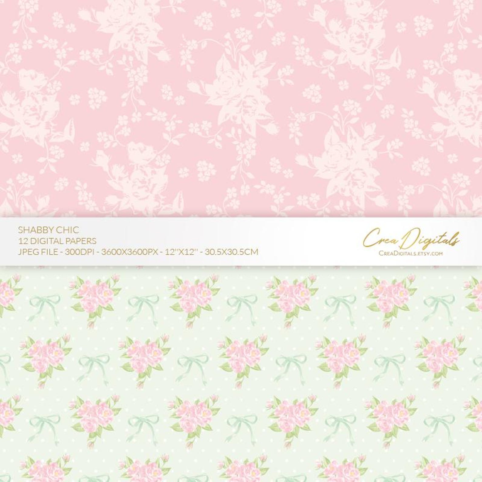 Shabby Chic Digital Paper, Mint Green and Pink Seamless Floral Pattern ...