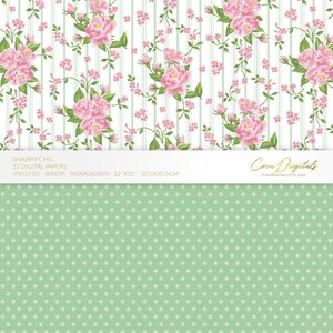 Shabby Chic Digital Paper, Mint Green and Pink Seamless Floral Pattern ...