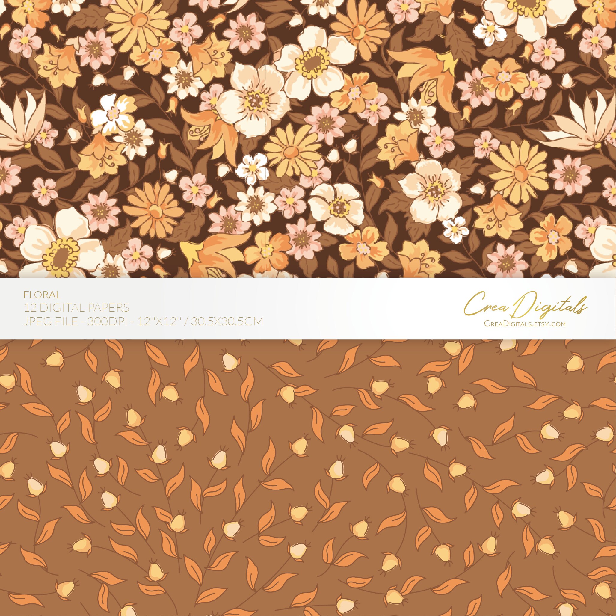Floral Digital Paper Brown Orange and Pink Seamless Pattern - Etsy