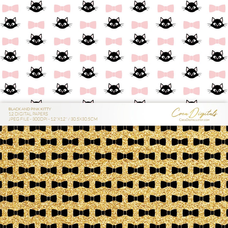 Cat Digital Paper Kitty Pattern Black Gold and Pink Kitten - Etsy