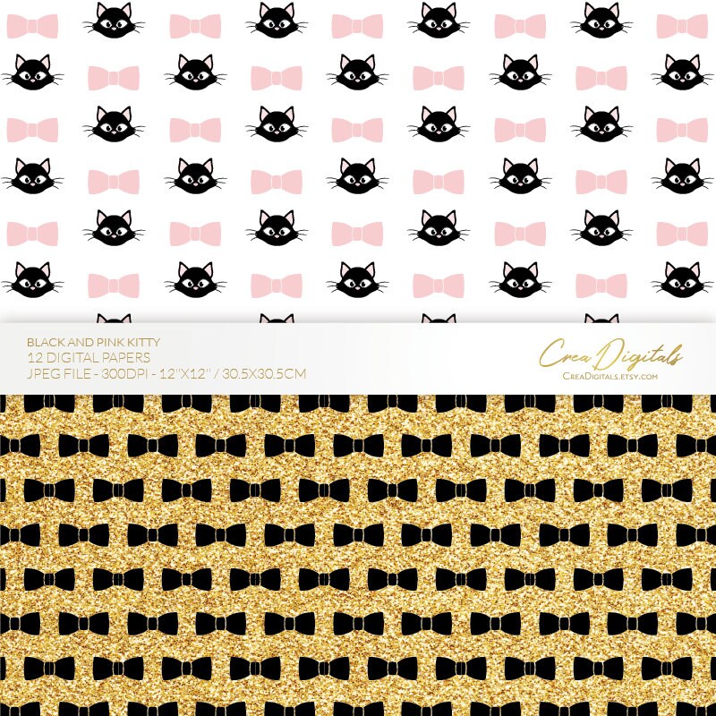 Cat Digital Paper, Kitty Pattern, Black, Gold and Pink Kitten, Pets ...