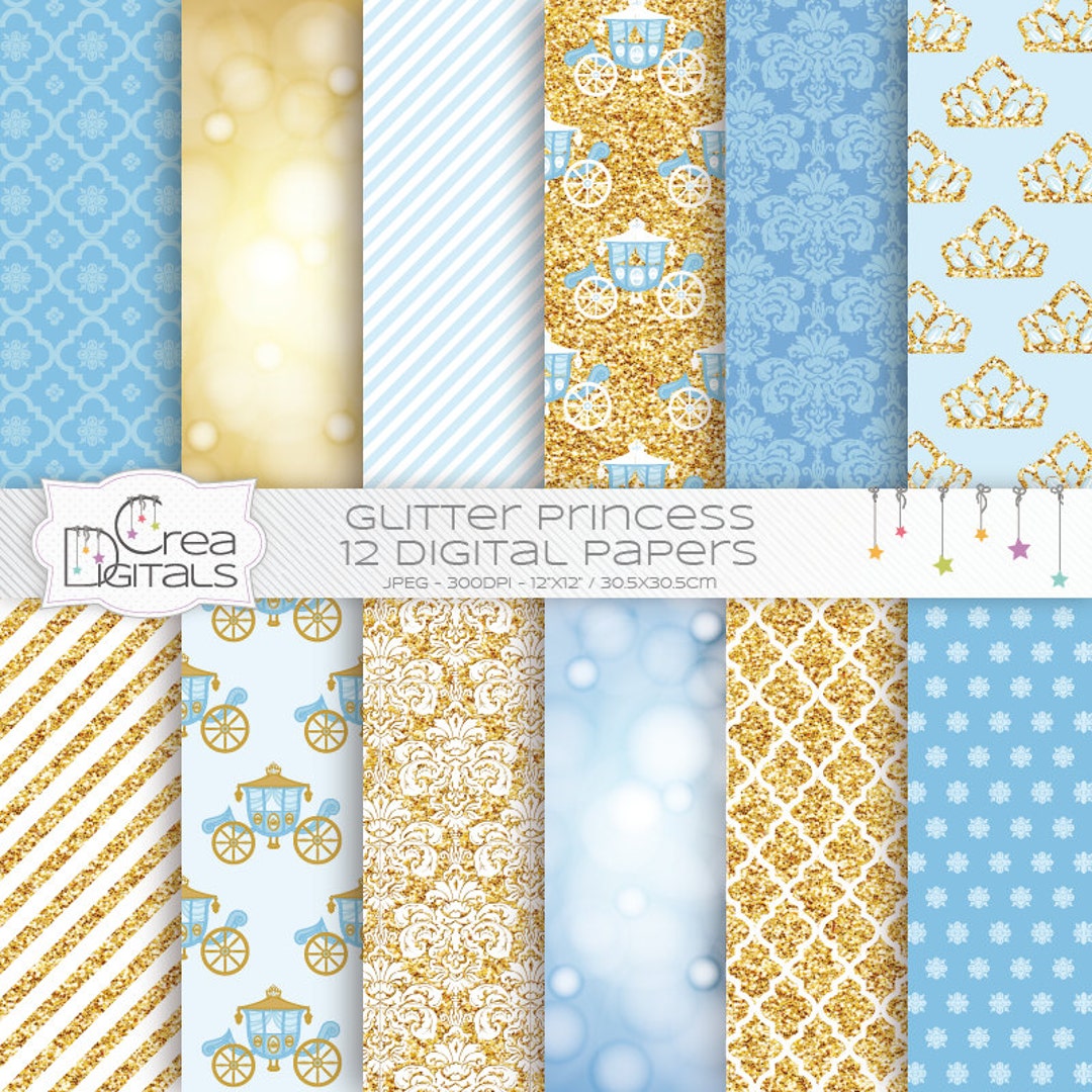 Glitter Fairy Princess - 12 Blue and Gold Digital Papers - INSTANT ...