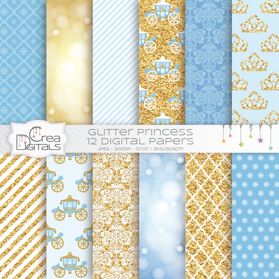 Glitter Fairy Princess 12 Blue and Gold Digital Papers - Etsy