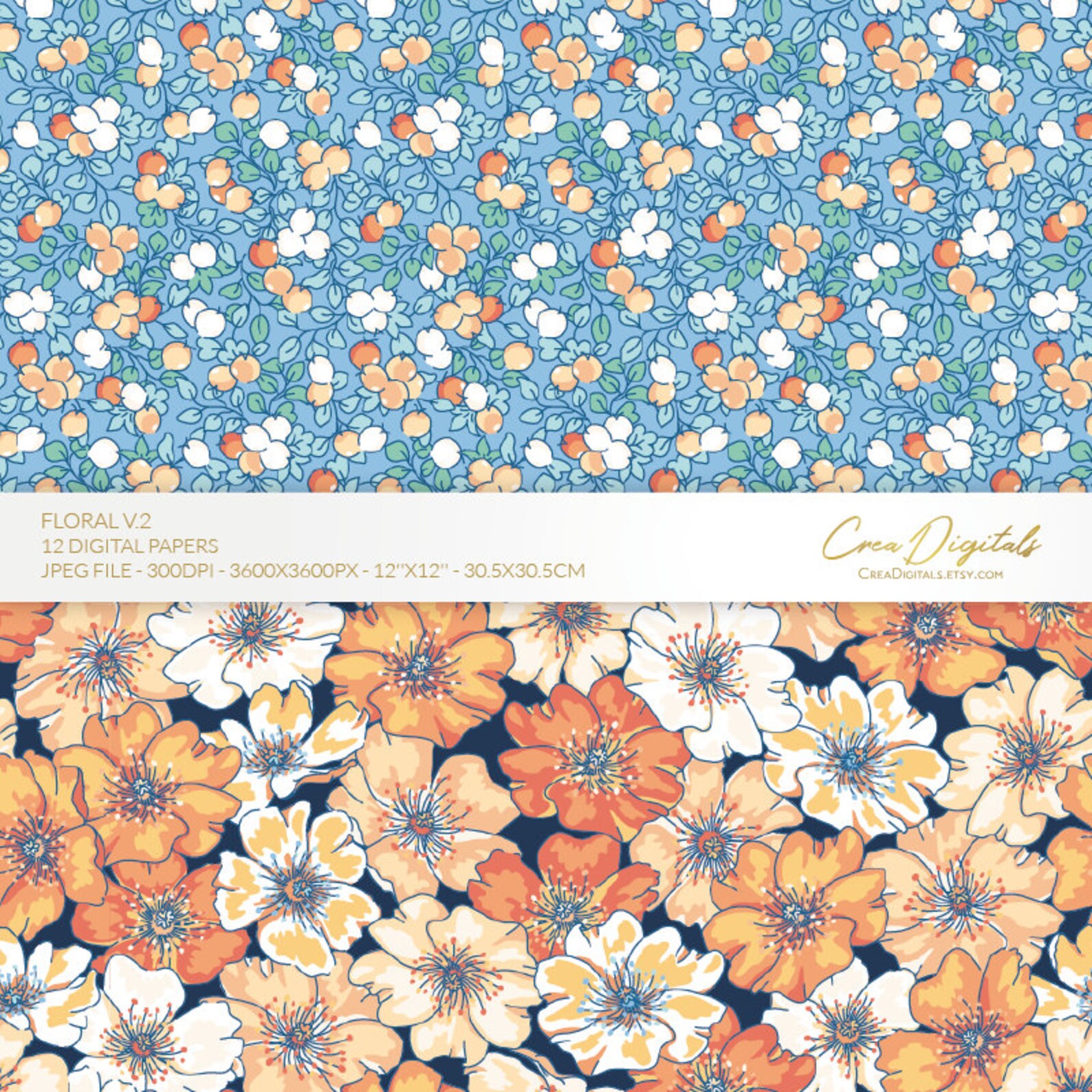 Floral Digital Paper, Navy, Coral and Yellow Seamless Pattern, Ditsy ...