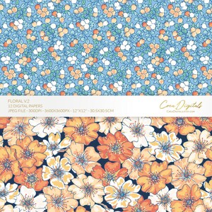 Floral Digital Paper, Navy, Coral and Yellow Seamless Pattern, Ditsy ...