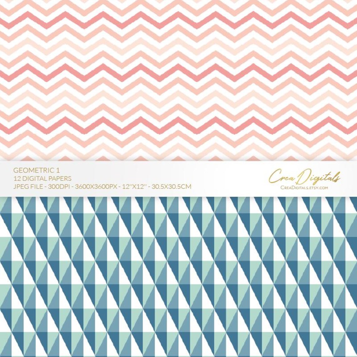 Geometric Digital Pattern, 12 Coral and Blue Printable Papers ...