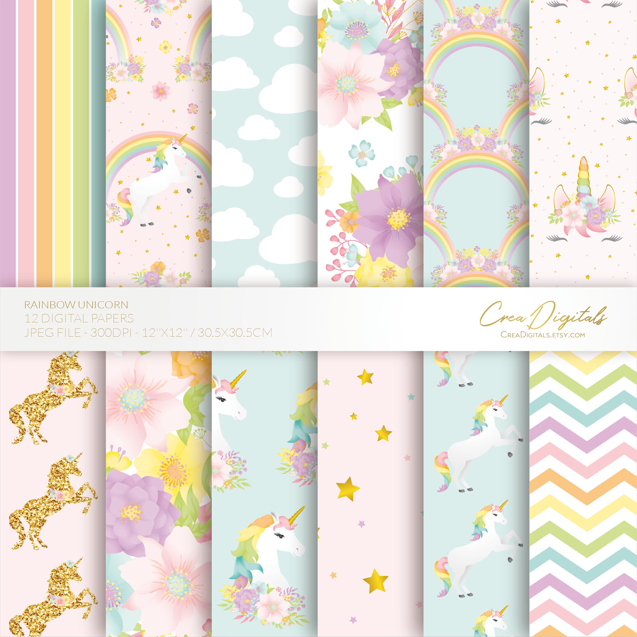 Unicorn Pastel Rainbow Papers Gold Glitter Unicorn Seamless - Etsy