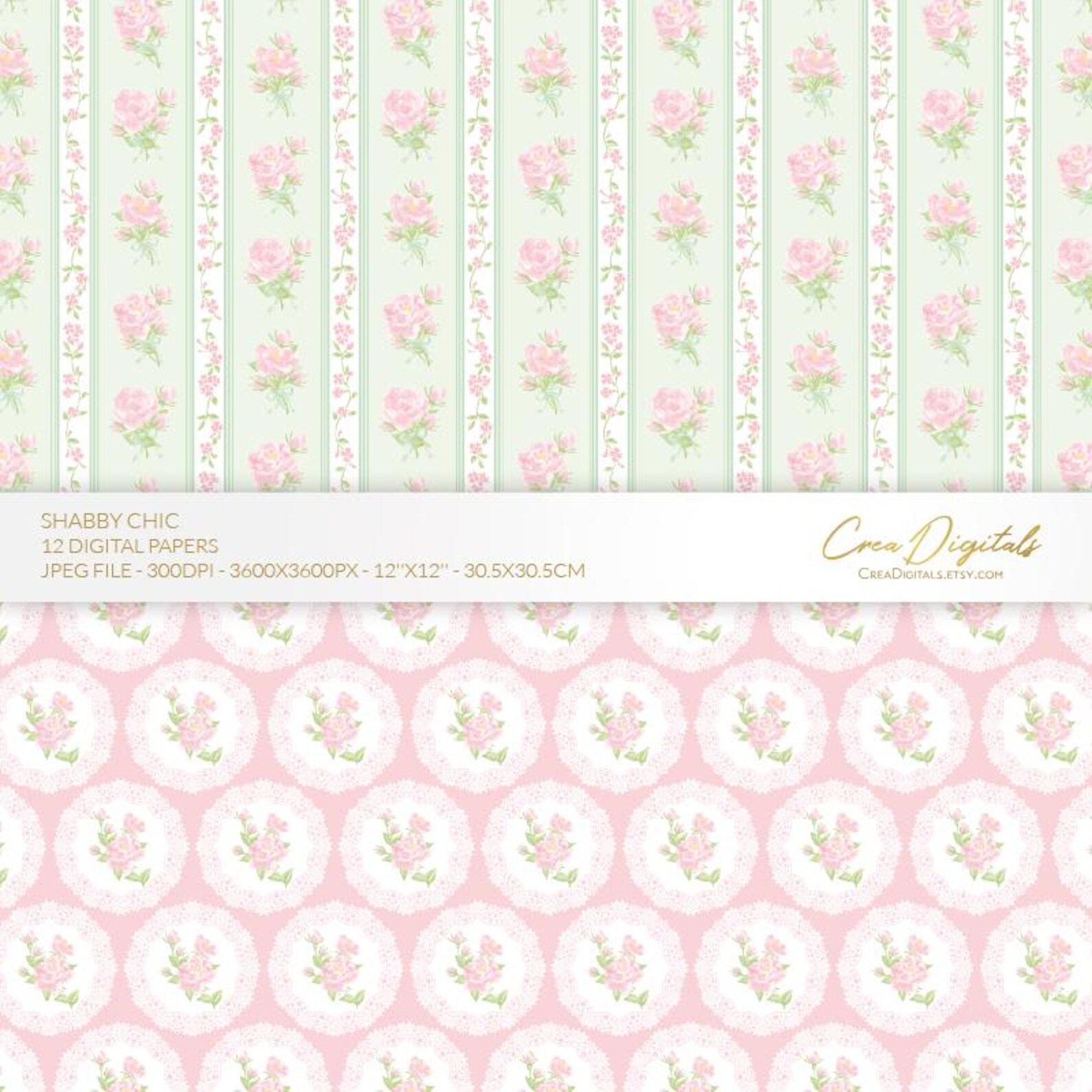 Shabby Chic Digital Paper, Mint Green and Pink Seamless Floral Pattern ...