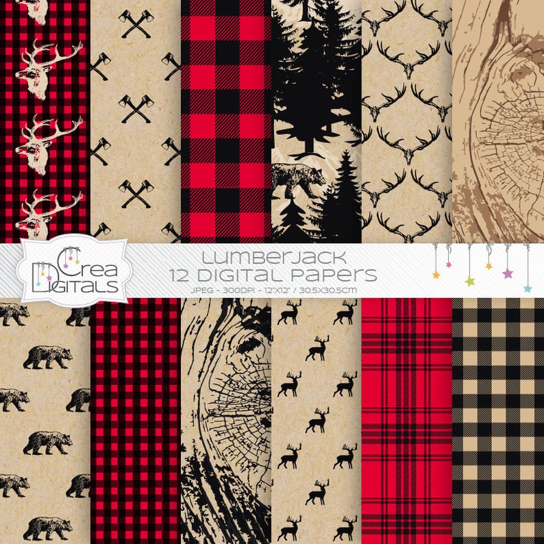 Rustic Lumberjack Buffalo Plaid 12 Wild Woodland Digital Etsy