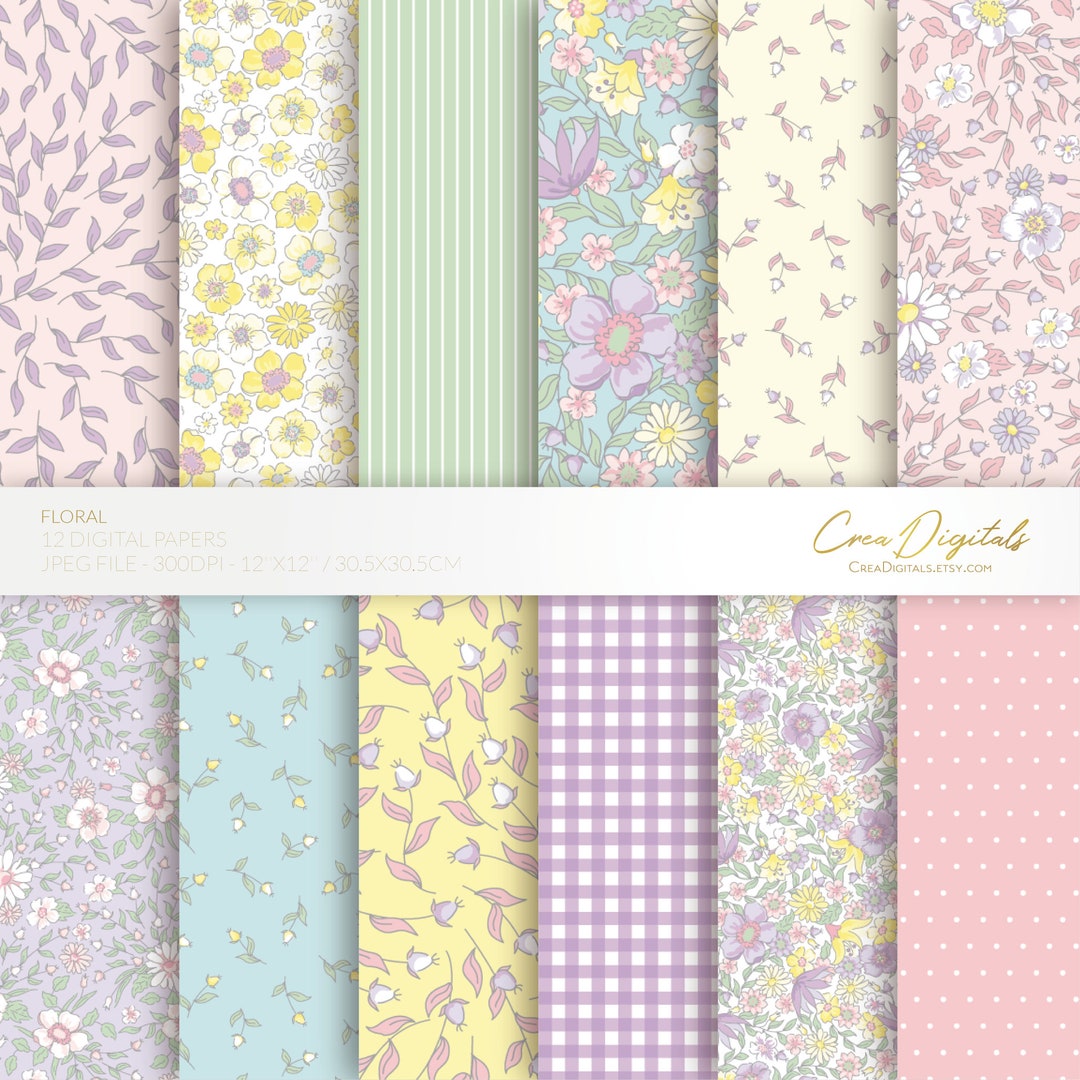 Floral Digital Paper, Lilac, Yellow, Blue and Pink Seamless Pattern ...